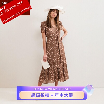 Phase Eight短袖连衣裙波点中长A字系带V领浅棕色高腰修身优雅