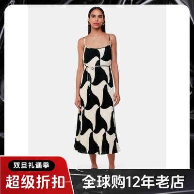 WHISTLES吊带连衣裙度假裙百褶中长黑白印花系带优雅显瘦百搭英伦