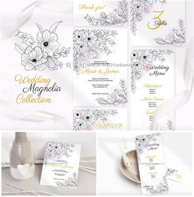 A3967矢量花朵线稿装饰婚礼婚庆请柬桌牌邀请函模板 AI设计素材