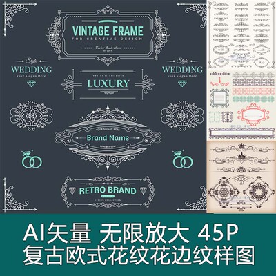 A2853矢量45张复古欧式花纹典雅花边纹样花角logo边框 AI设计素材