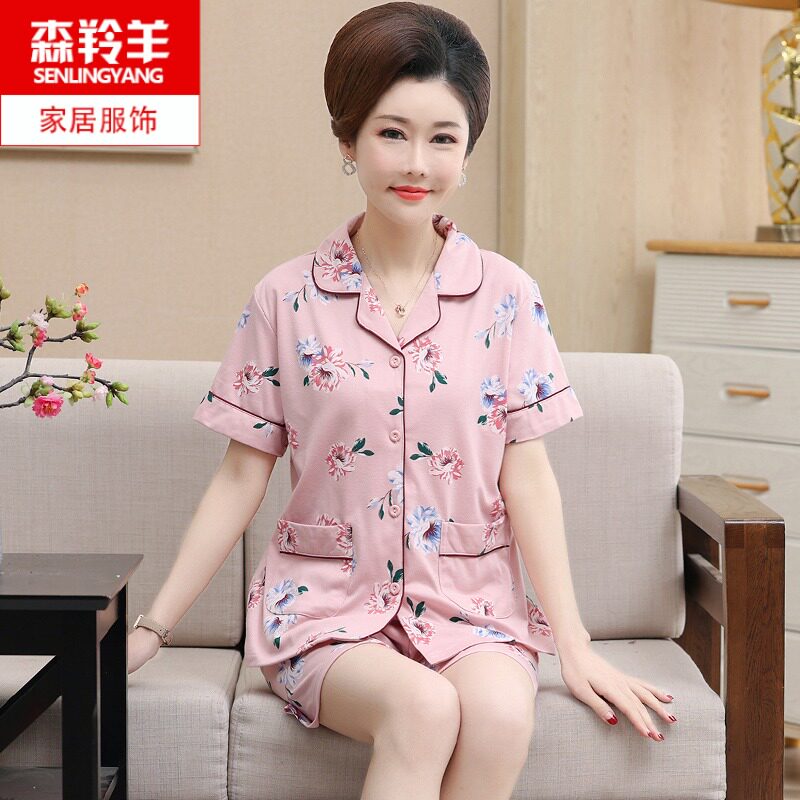 女士夏季短袖短裤纯棉睡衣中老年妈妈夏天薄款半袖开衫家居服套装