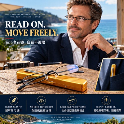 美国品牌Clara Vida欧风超窄免摘戴口袋便携高档防蓝光老花镜
