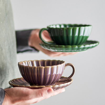 丹麦 Bloomingville复古绿色花瓣陶瓷盘子碟子咖啡杯碗马克杯餐具