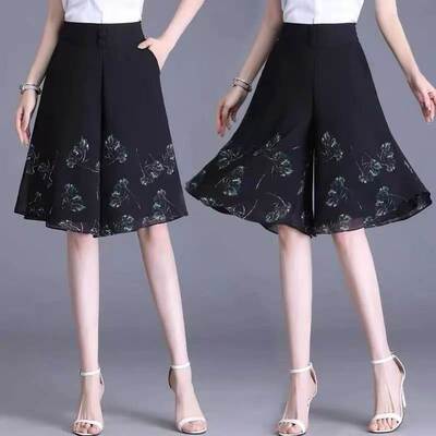 夏季雪纺印花高腰显瘦阔腿五分裤