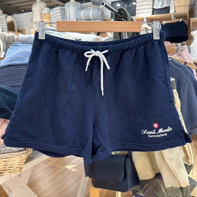 brandy新款美式休闲裤藏蓝色刺绣字母短裤bm纯棉抽绳运动裤直筒裤