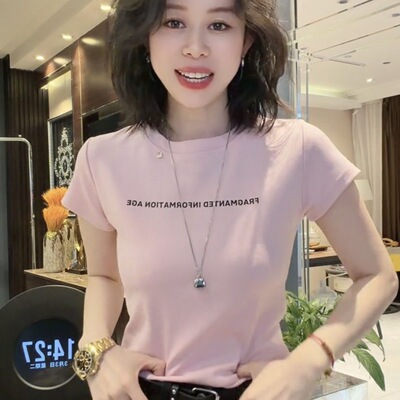 2026春季新款前后字母印花拼接小牌短袖t恤女时尚洋气百搭上衣潮