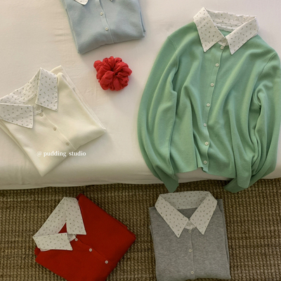 pudding布丁家-爆火polo领假两件拼接碎花小清新显瘦针织开衫912