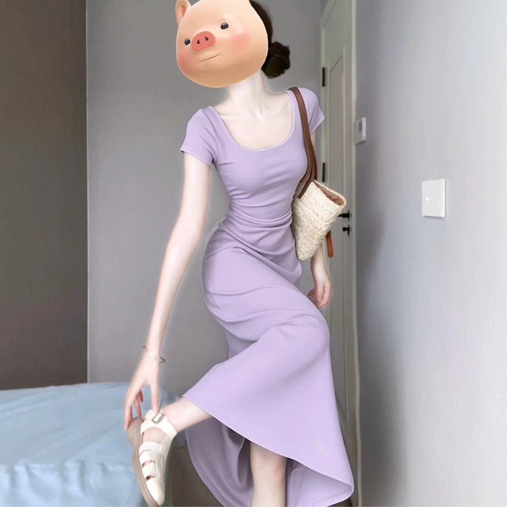 紫色修身连衣裙女夏季新款小个子特别漂亮绝美掐腰纯欲包臀长裙子