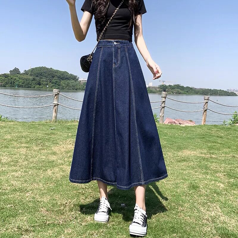 半身裙女长裙2023新款春季中长款牛仔裙百褶高腰百搭显瘦a字伞裙