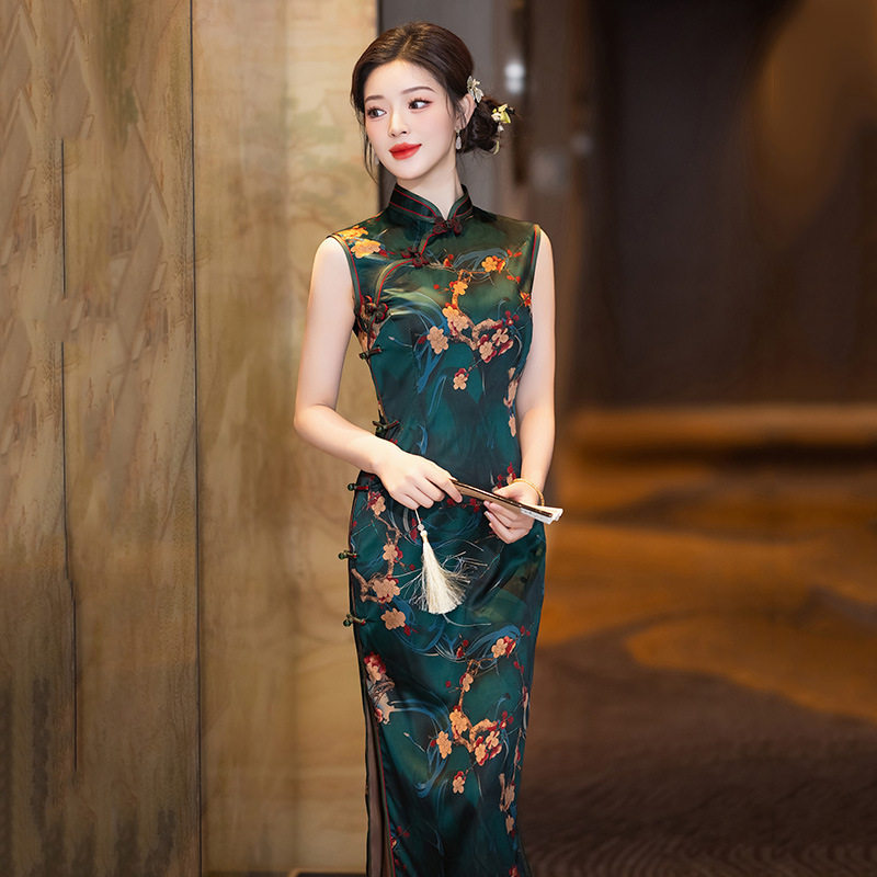 绿色无袖国风新中式苏州长款旗袍改良年轻款女高级感复古修身春夏