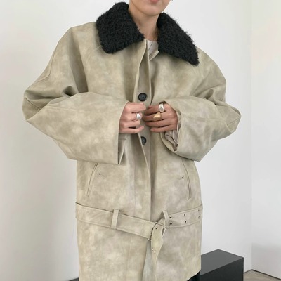moment冬季韩版chic设计感高级感防羊羔毛领加厚保暖pu皮外套女潮