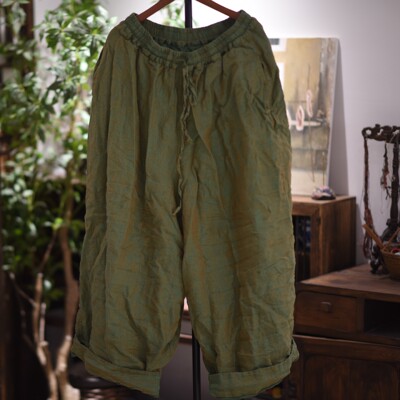 色织亚麻双层松紧腰抽绳哈伦裤