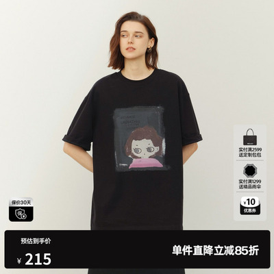 U/TI黑色纯棉小女孩印花短袖T恤女落肩宽松直筒 尤缇2026夏季新款