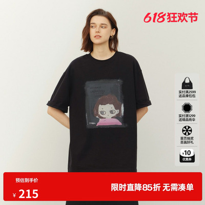U/TI黑色纯棉小女孩印花短袖T恤女落肩宽松直筒 尤缇2026夏季新款