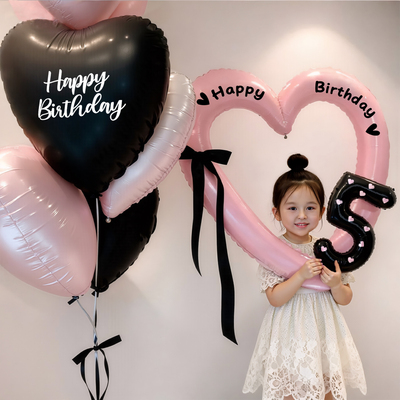 镂空爱心粉色心形相框气球宝宝生日派对蝴蝶结数字周岁拍照道具