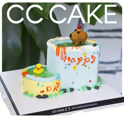 卡皮巴拉水豚鳄鱼小鸭子水池蛋糕