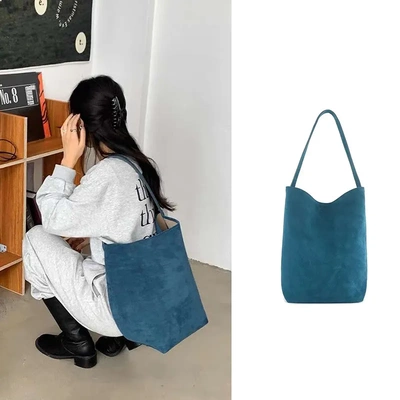 新款therow包包百搭大容量绒面单肩包麂皮水桶包复古手提磨砂大包