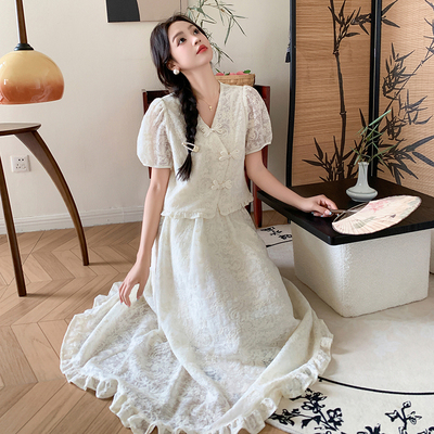 国风盘扣短袖衬衫蕾丝半身裙两件套女温柔风套装w320-p145-k198