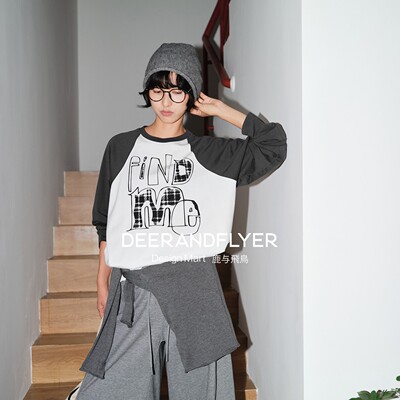 撞色拼接休闲字母印花插肩袖T恤