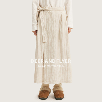 双色微皱肌理压条系带加绒棉裙