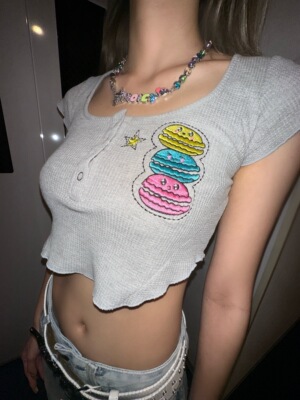 短袖休闲可爱正常刺绣华夫格