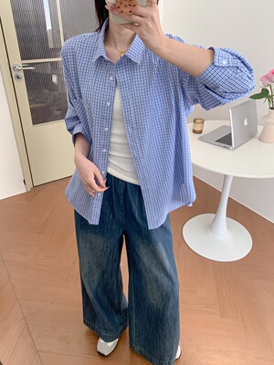 2026春季新款 纯棉韩系蓝白格子衬衫女 宽松慵懒风百搭衬衣外穿