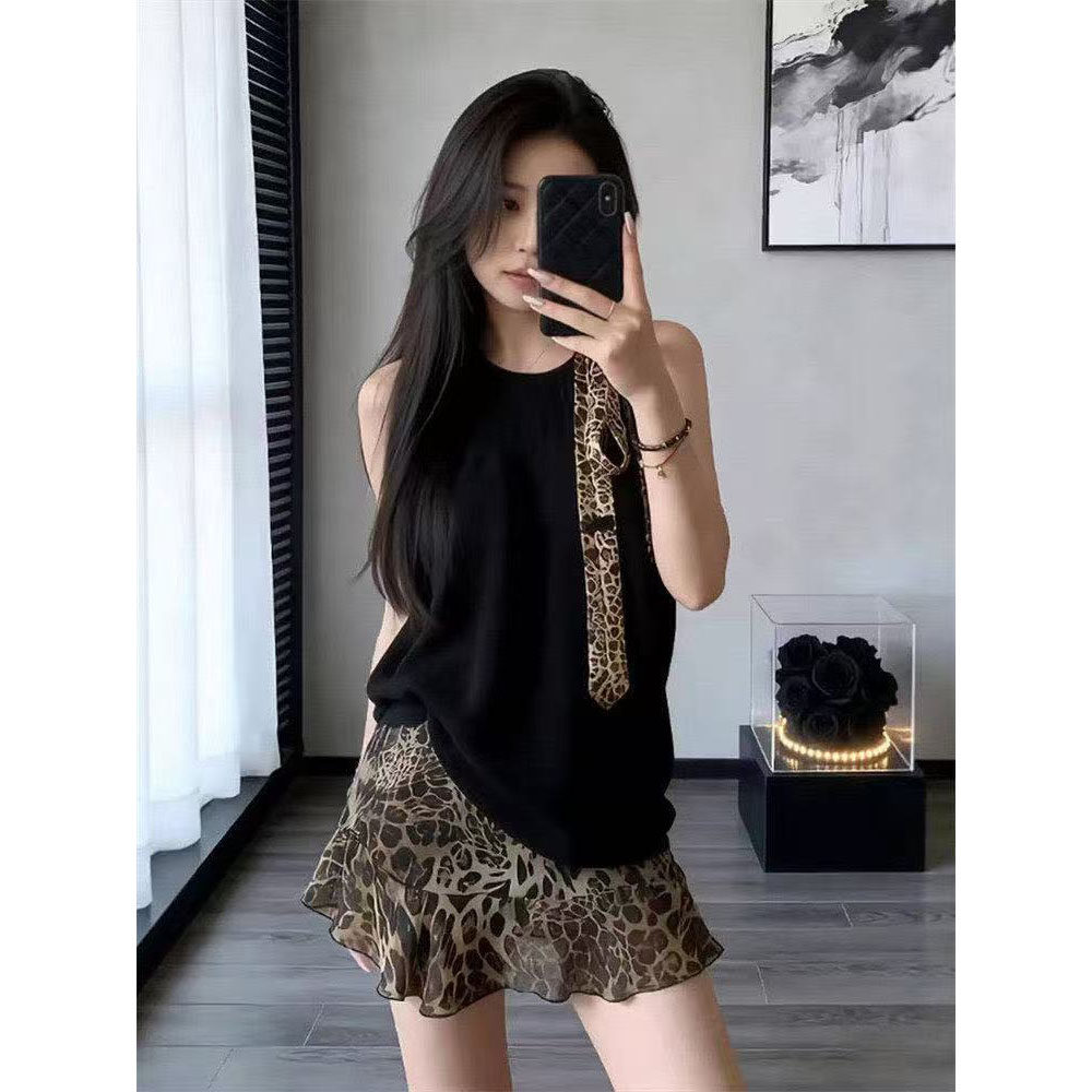 巨好看的两件套夏装新款小个子韩系套装女无袖宽松上衣豹纹半身裙