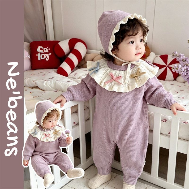 nebeans2026秋冬婴儿针织毛线衣哈衣荷叶领女宝紫色小公主外出服