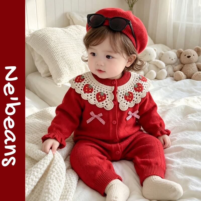 nebeans2026秋冬针织毛线衣韩版女宝可爱草莓荷叶领外出服哈衣爬