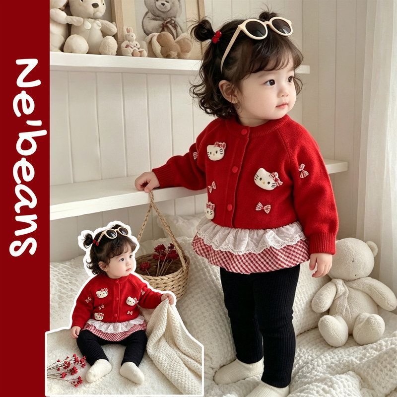 nebeans2026潮款秋冬针织毛线衣服套装KITTY女宝红色喜庆衣服裤子