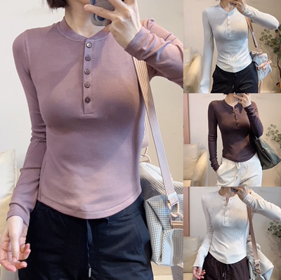 斯斯0301 HOLD巨舒服 亨利领莫代尔五扣高弹性修身长袖纯色T恤