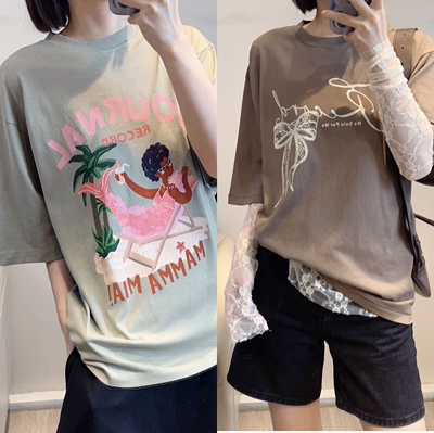 斯斯 0318 轻松舒适空气感 柔软垂顺麻里棉针织OS印花休闲短袖T恤