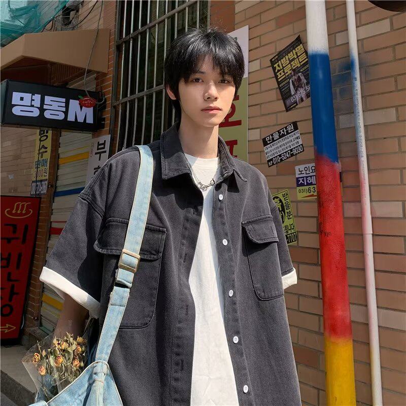 港风日系牛仔短袖衬衫男夏季穿搭痞帅衬衣外套潮牌潮流设计感上衣