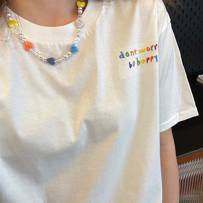 彩虹字母绣学院百搭情侣短袖