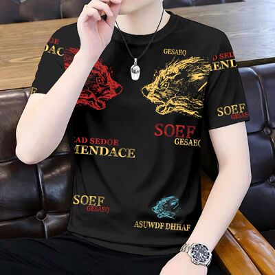 夏季新款冰丝男士圆领短袖T恤潮流休闲印花时尚帅气半袖上衣男装