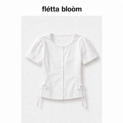 ●fletta bloom韩系女ZAENIO甜美蕾丝花边系带收腰泡泡袖短袖衬衫