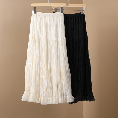 春夏褶皱网纱A字荷叶边半身裙