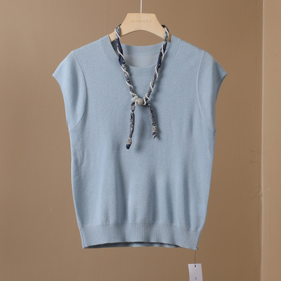夏季浅蓝冰丝丝巾针织短袖T恤
