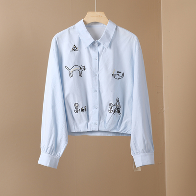 韩版刺绣翻领长袖衬衫女小个子
