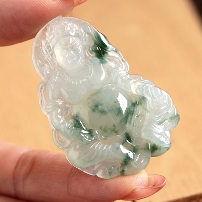 石之富珠宝缅甸天然翡翠冰种飘花黄财神吊坠挂坠14.52克