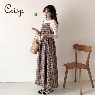 CRISP日系穿搭复古格子吊带裙收腰无袖长款连衣裙2025早春新款