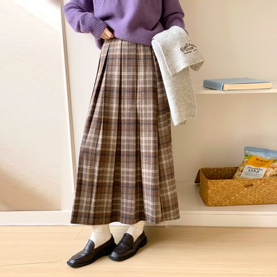 CRISP日系穿搭毛呢格纹百褶裙a字半身裙长款大摆半裙2025冬季新款