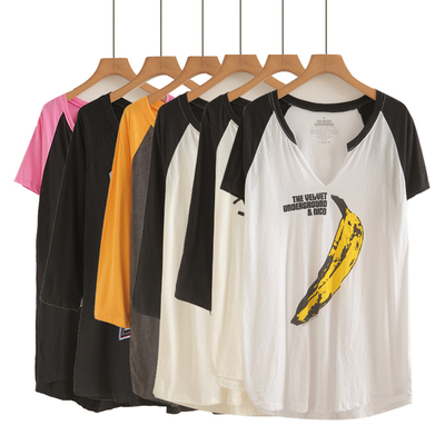 时尚宽松胖MM200斤t恤女夏季新款休闲慵懒印花插肩袖显瘦短袖上衣