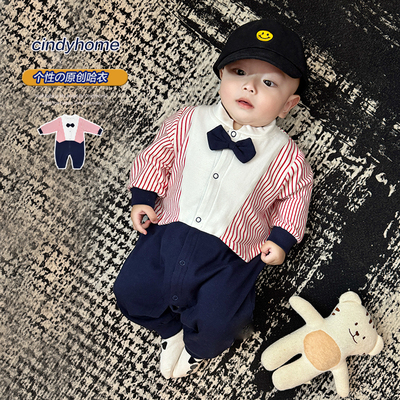 婴儿新生儿宝宝春秋网红儿童小绅士满月百日宴周岁连体衣哈衣爬服