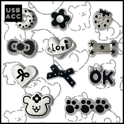 US8ACC黑银线条卡通小狗蝴蝶结甜甜圈骨头适配Crocs鞋花洞洞鞋扣