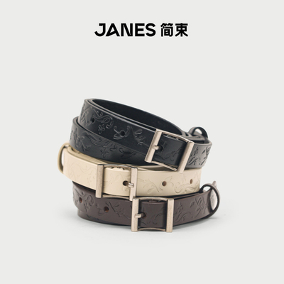 JANES简束复古银扣压纹印花真皮细腰带女款设计感小众不撞款皮带