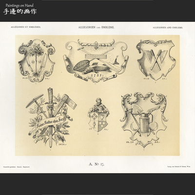 奥地利1900年古董复古木刻+套色石印版画/寓言和标志/盾徽 徽志