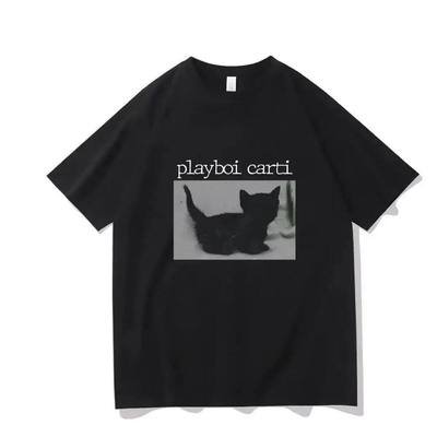 Playboi Cartis  Cat 夏季卡通可爱字母猫咪夏季圆领休闲T恤男女