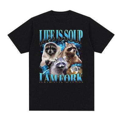 Raccoon Life Is Soup I Am Fork浣熊生活有趣男女上衣短袖T恤