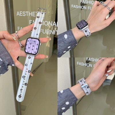 适用华为watch 345pro韩系小花透明硅胶女手表带小米89pro红米654